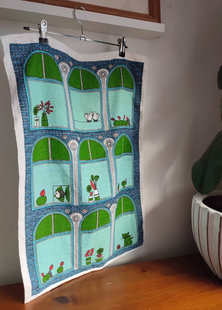 1960s 70s Vintage House Windows Birds Fish and Animals Design Cotton ...
