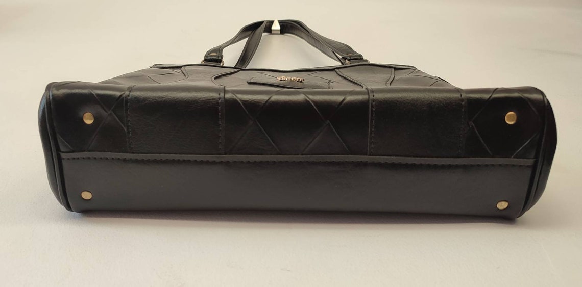 1970s Vintage Black Diamond Patch Design Faux Leather Shoulder Bag ...