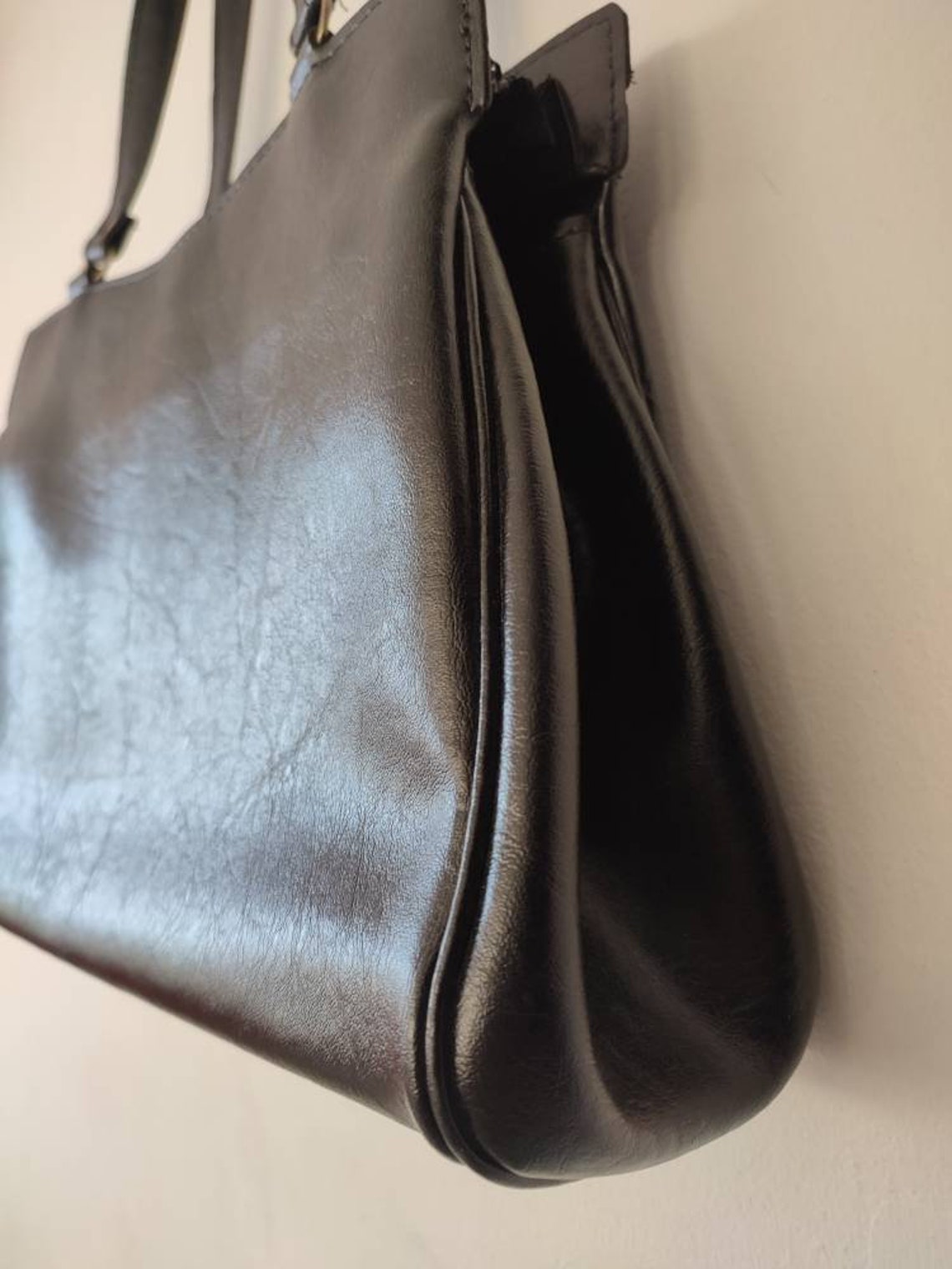 1970s Vintage Black Diamond Patch Design Faux Leather Shoulder Bag ...