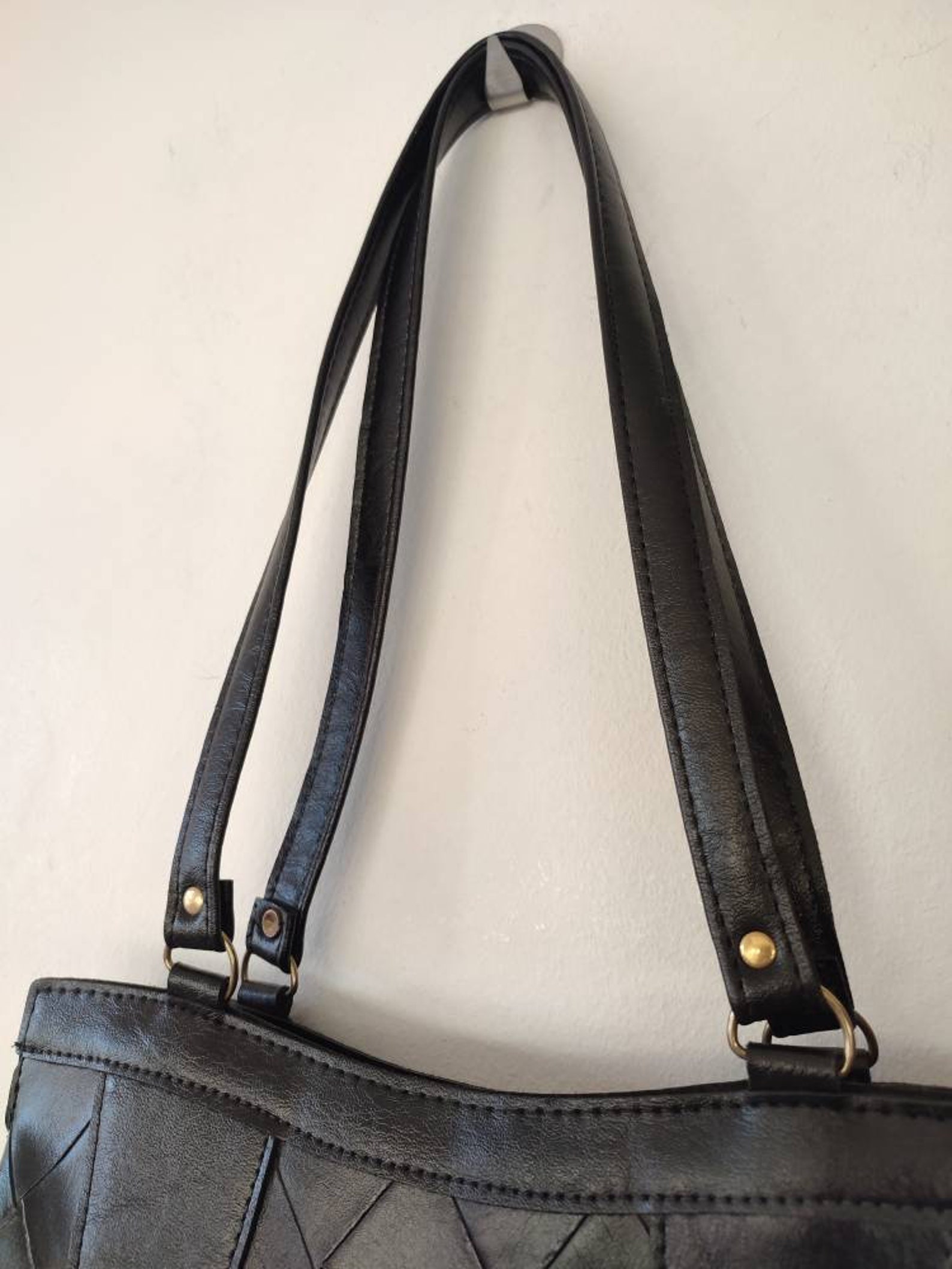 1970s Vintage Black Diamond Patch Design Faux Leather Shoulder Bag ...
