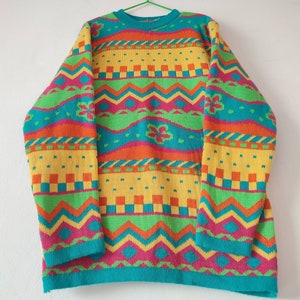 1980s 90s Vintage Multicoloured Patterned Knitted Jumper Sweater Top ...