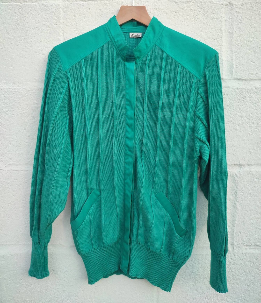 1980s 90s Vintage Basler Green Trim Knitted Collared Cardigan Retro UK ...