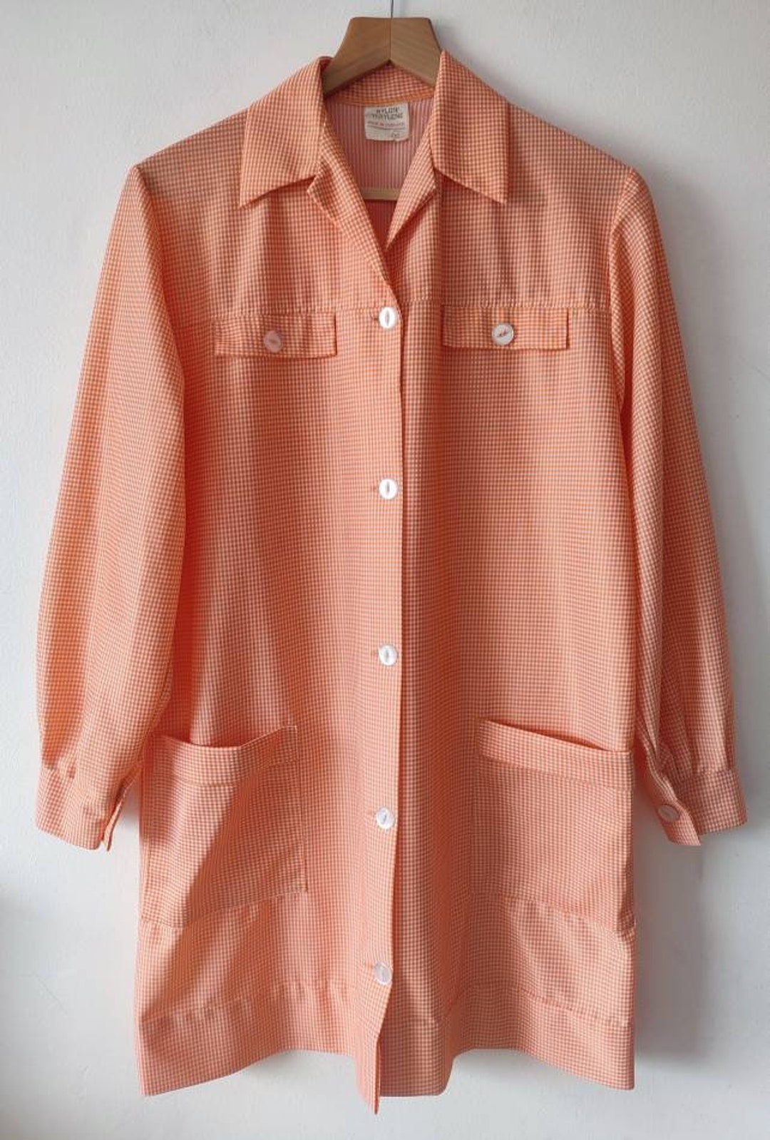 1960s 70s Orange and White Gingham House Coat Jacket Pinny Overcoat 42 ...