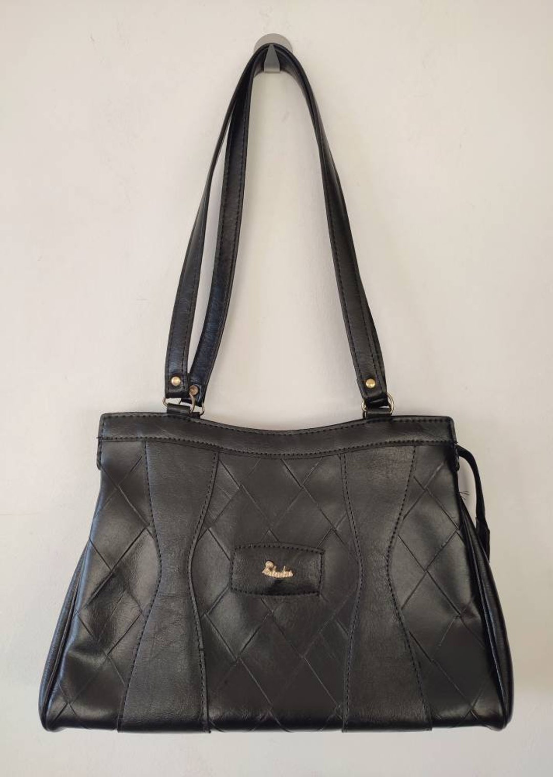 1970s Vintage Black Diamond Patch Design Faux Leather Shoulder Bag ...