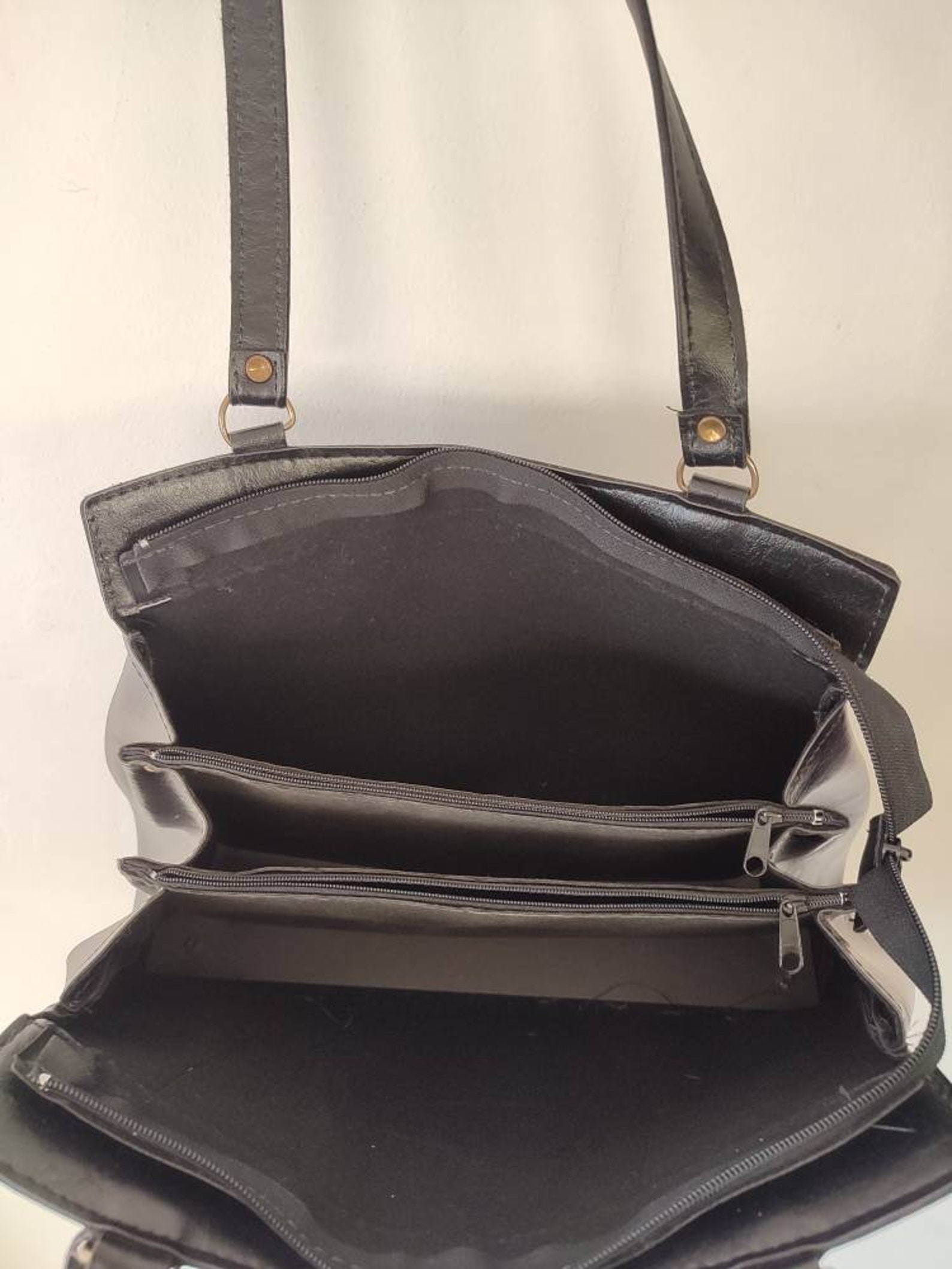 1970s Vintage Black Diamond Patch Design Faux Leather Shoulder Bag ...