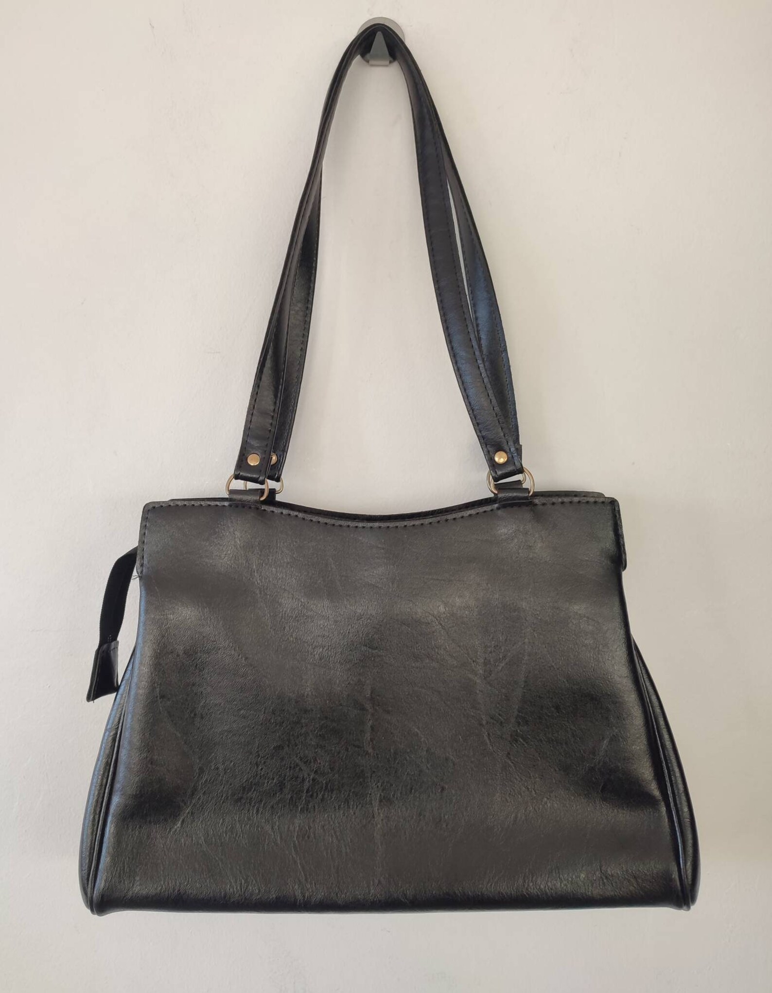 1970s Vintage Black Diamond Patch Design Faux Leather Shoulder Bag ...