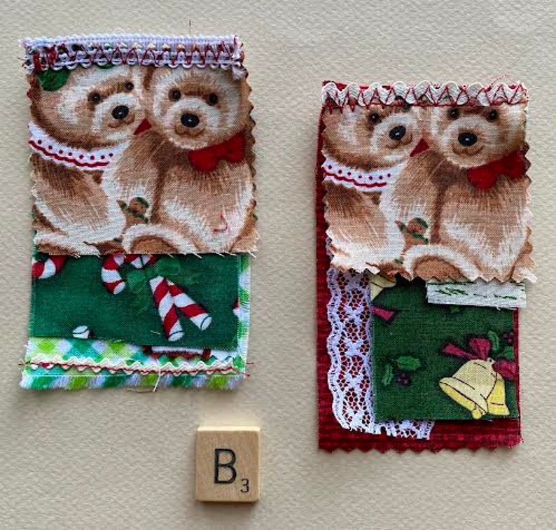 Christmas Fabric Flips for Junk Journals, Handmade Stitched Teddy Bear ...