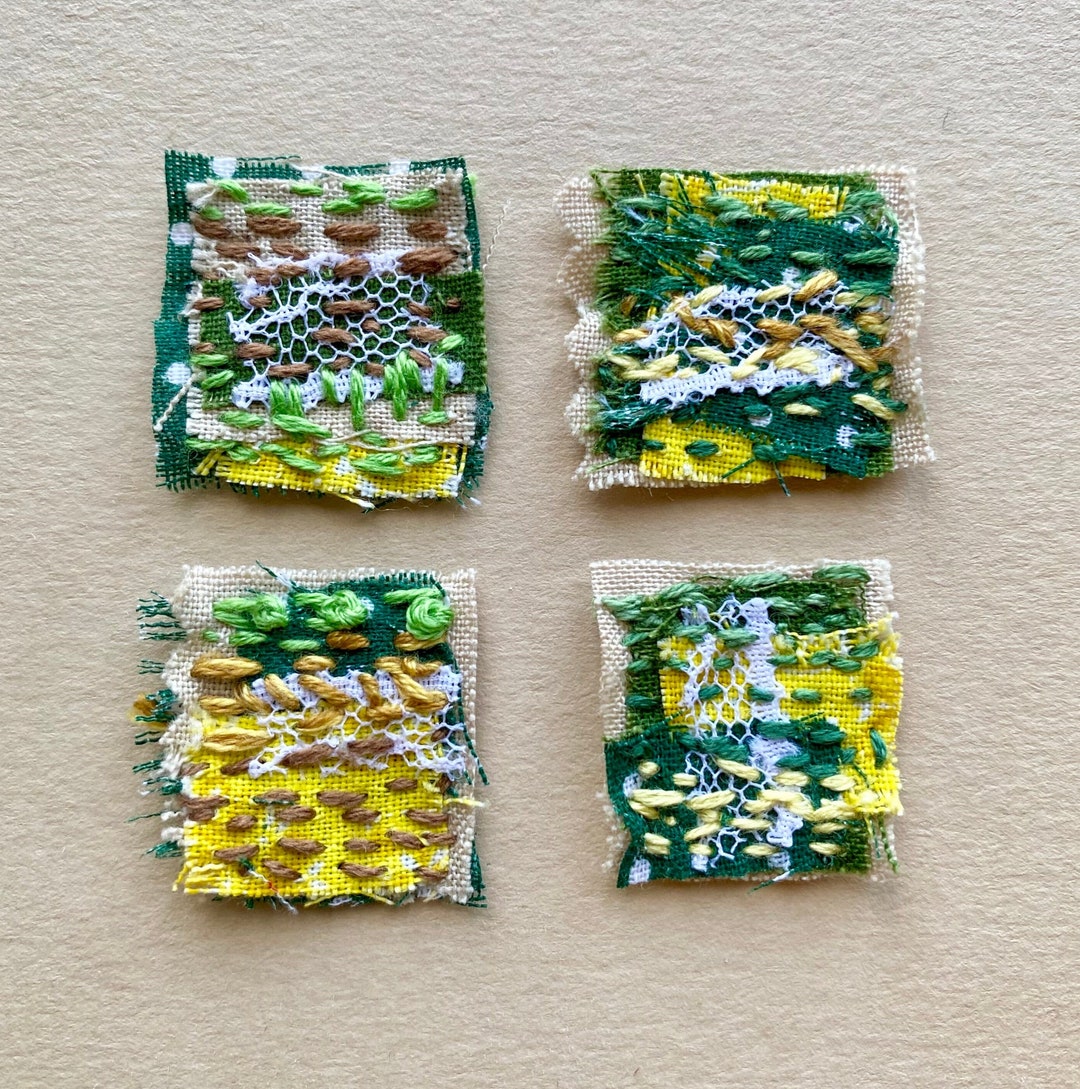 Handmade Slow Stitched Small Fabric Clusters for Junk Journals, Green ...