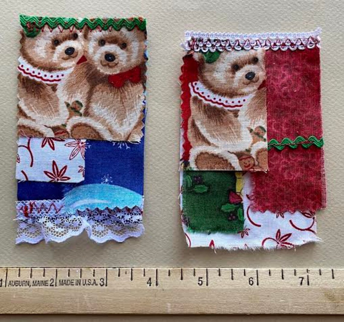 Christmas Fabric Flips for Junk Journals, Handmade Stitched Teddy Bear ...