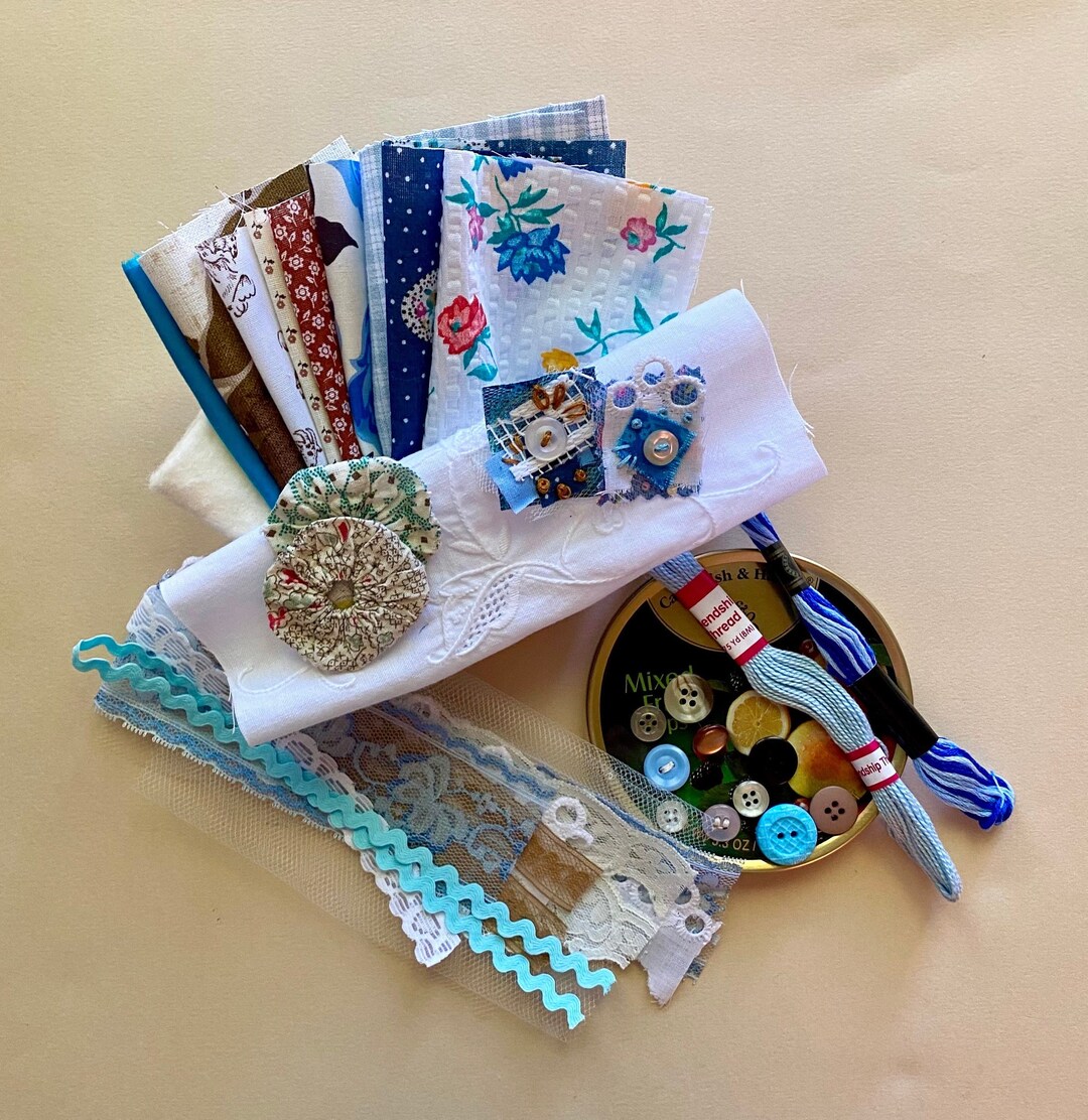 Sewing Tin DIY Slow Stitch Kit, Vintage Fabric, Lace, Trims, and ...