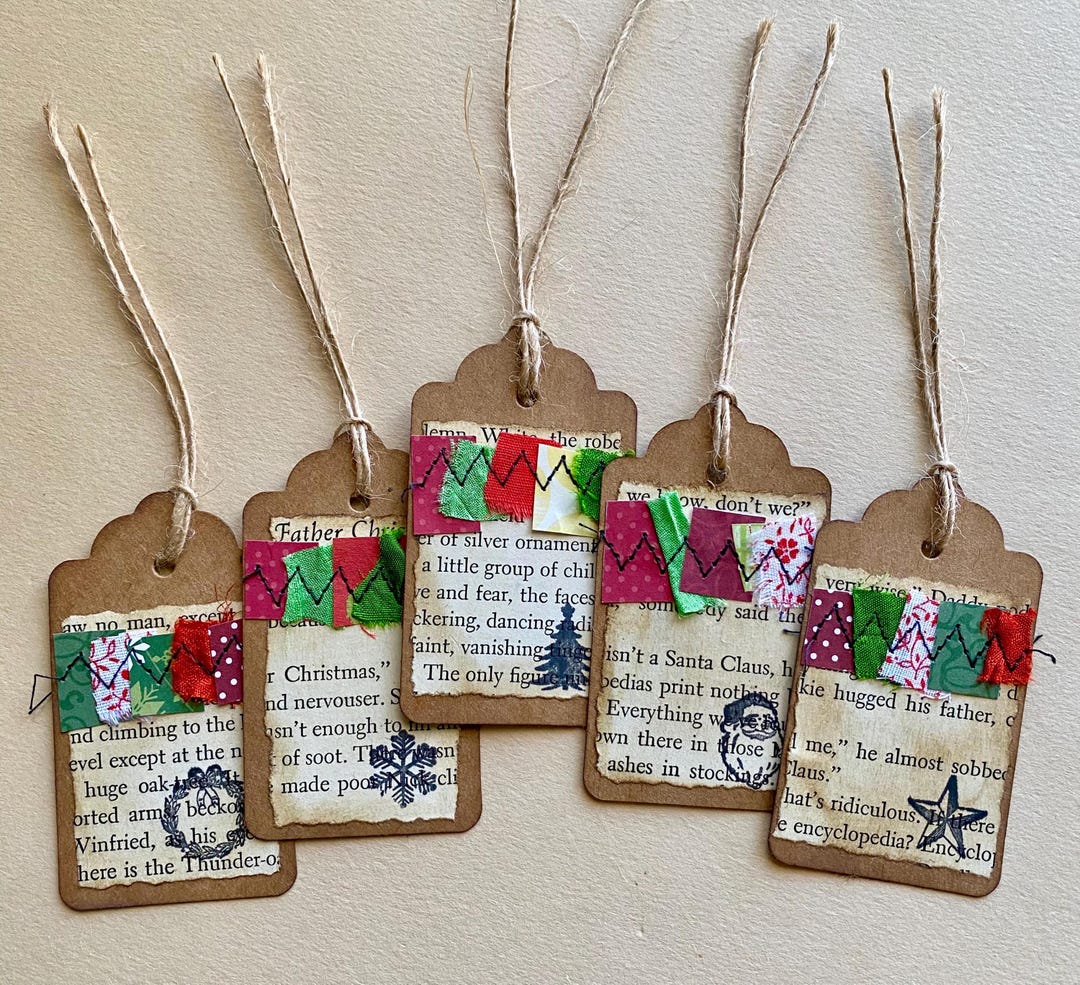 Stitched Vintage Style Christmas Tags for Junk Journals, Handmade Sewn ...