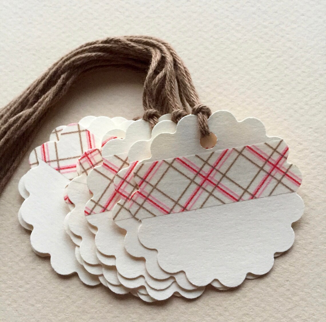 Plaid Gift Tags With Twine Handmade Scalloped Pink and Brown - Etsy