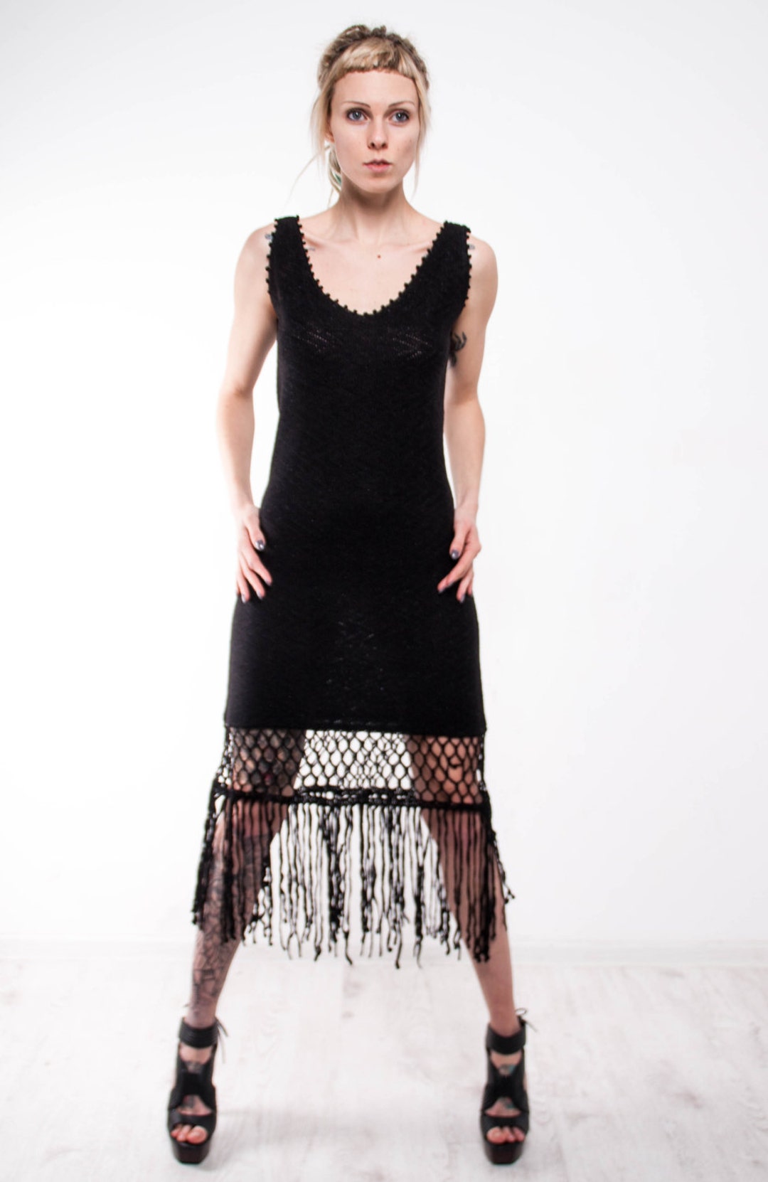 Crochet Dress Black Crochet Dress Small Black Dress Mini Lacy Fringe ...