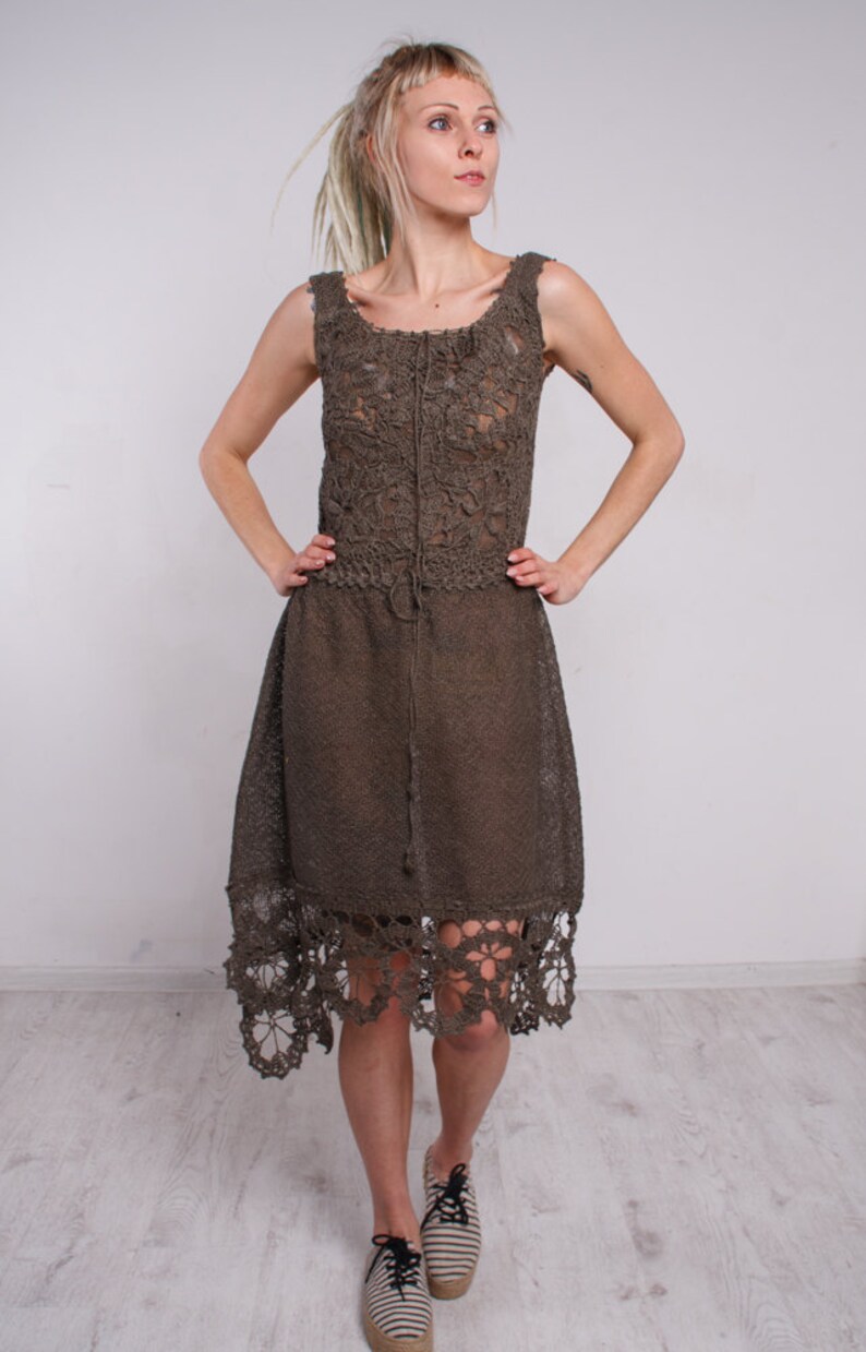 Crochet Dress Linen Midi Sundress Handmade Lacy Dress Cocktail Summer ...