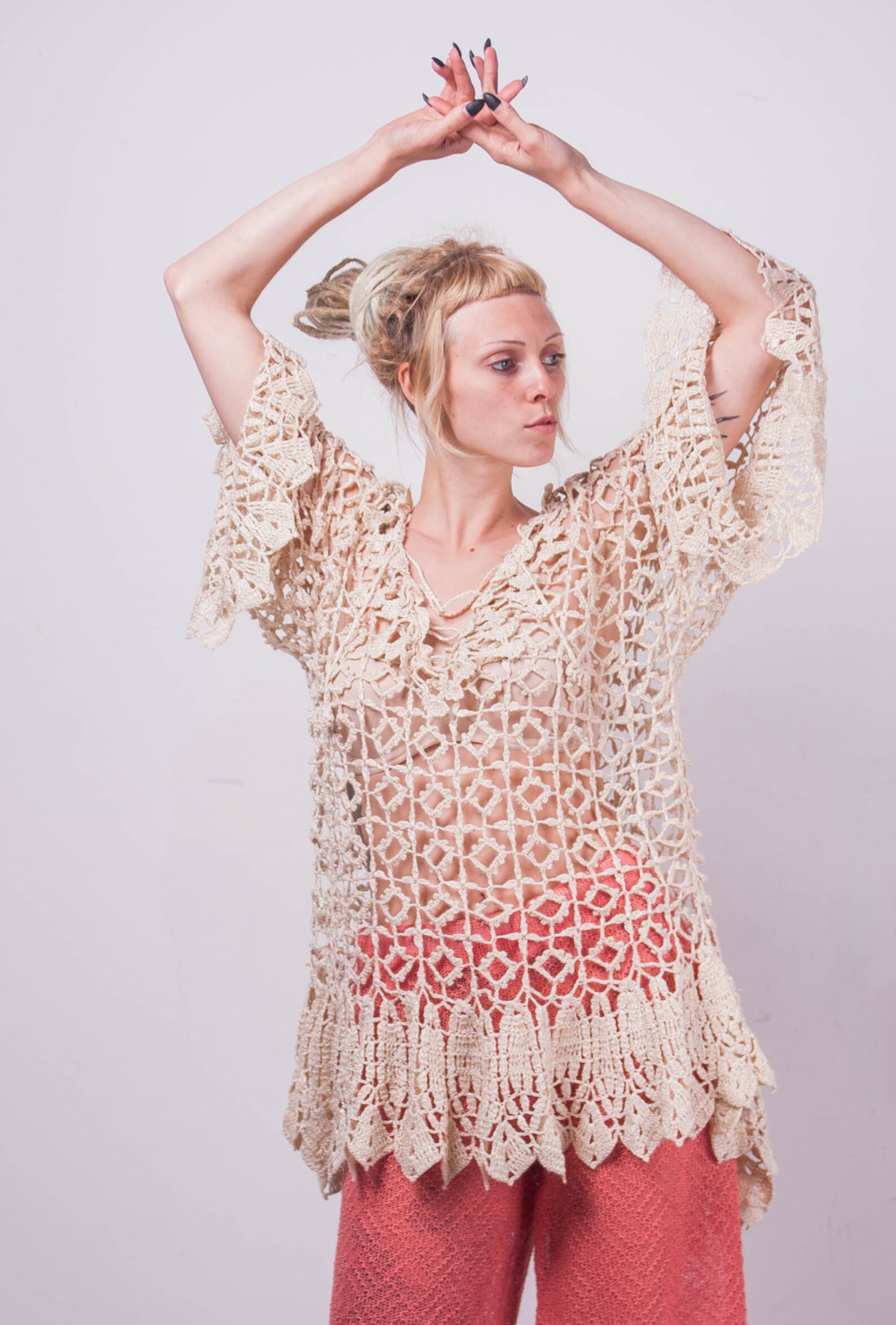 Crocheted Ethnic Tunic KNITTED Ecru Linen Tunic CROCHET Loose Tunic ...