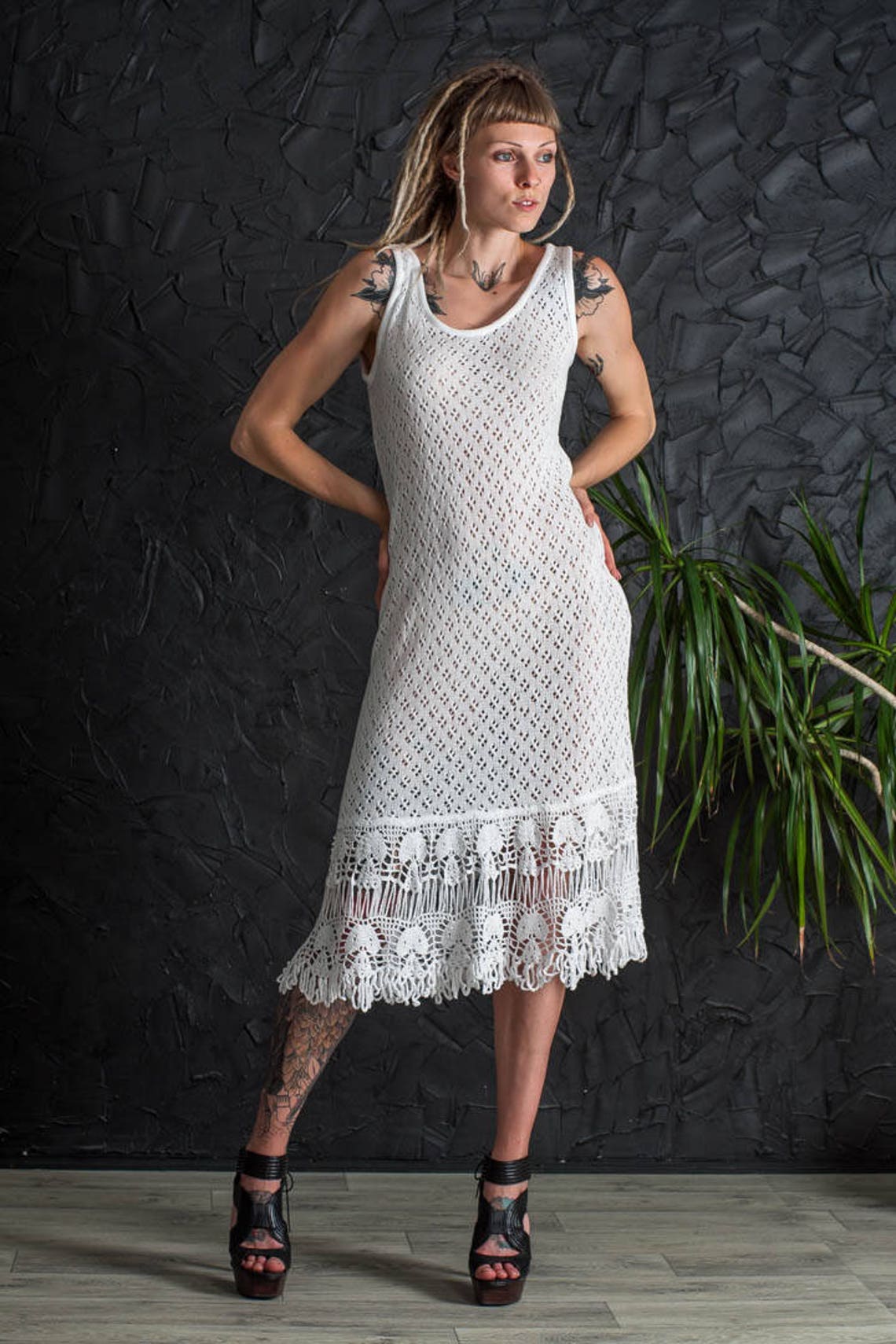 Сrochet White Sundress Beach Wedding Dress Sleeveless Cocktail Dress ...