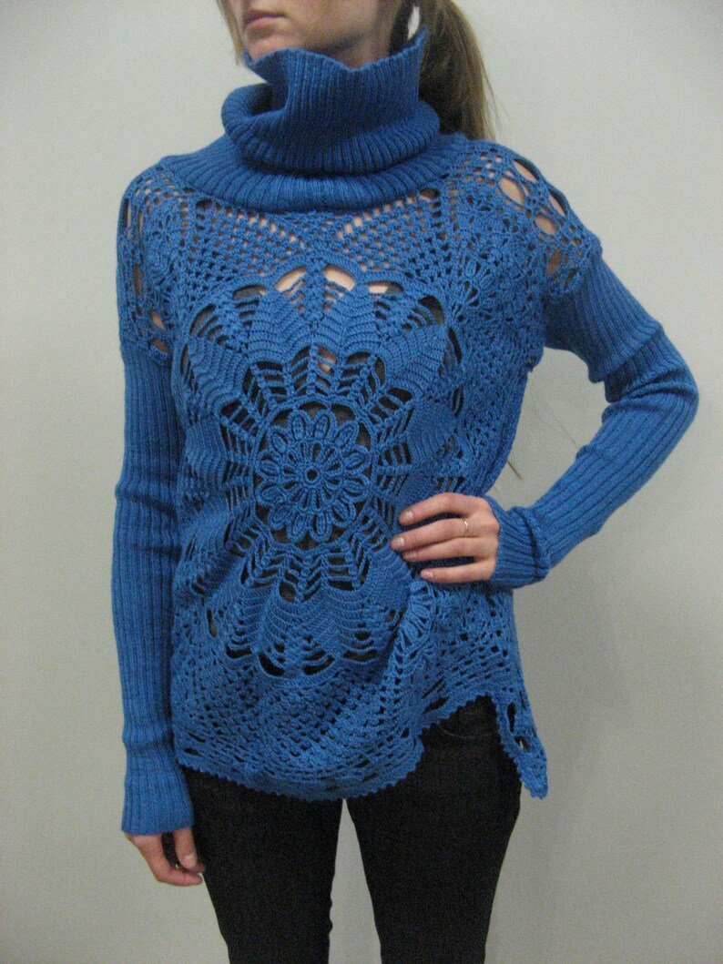 Knitted Wool Viscose Turquoise Winter Sweater Lacy Handmade | Etsy