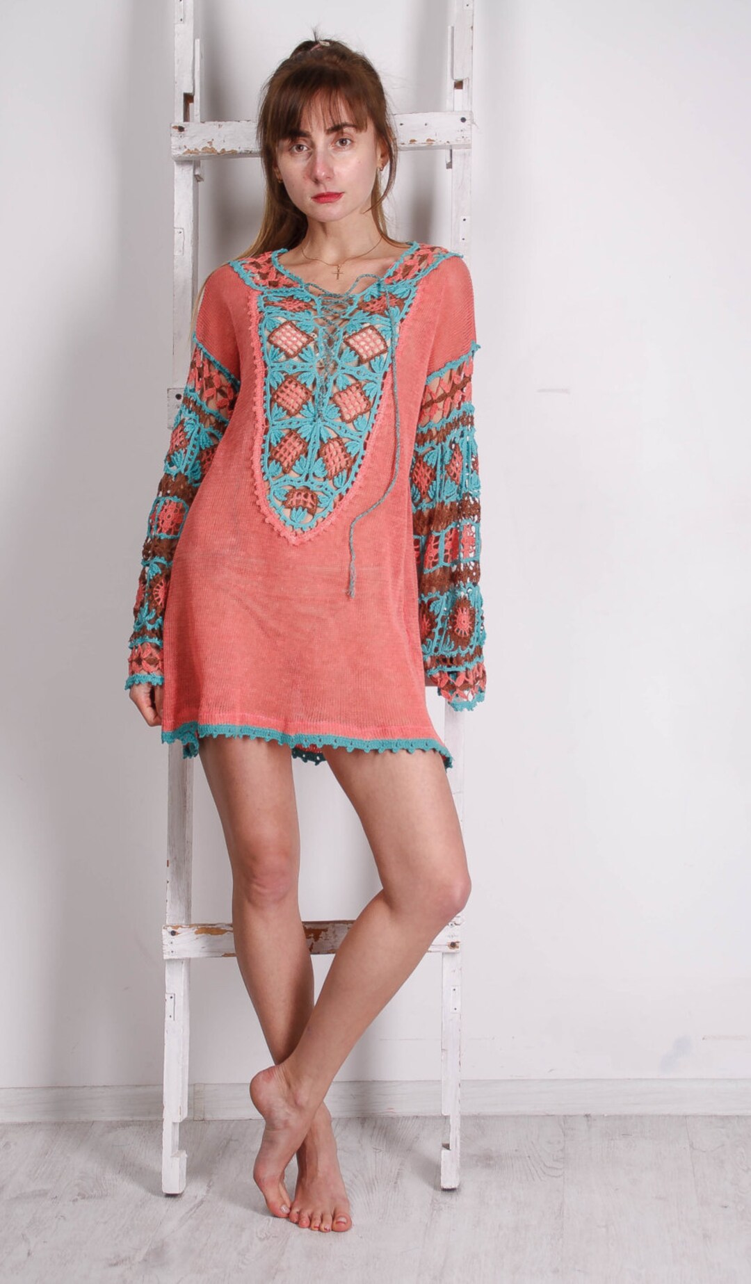 Crocheted Ethnic Tunic, KNITTED Coral Tunic, CROCHETED Women Tunic ...