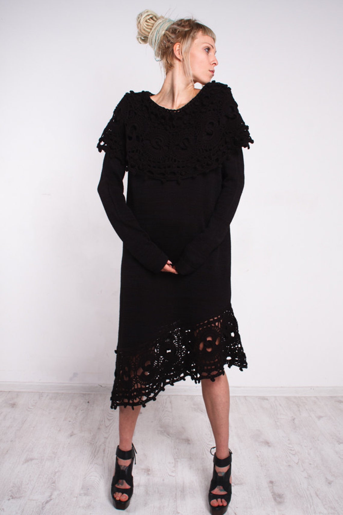 CROCHET Black Dress Asymmetric Black Dress Midi Lace Dress Crochet ...
