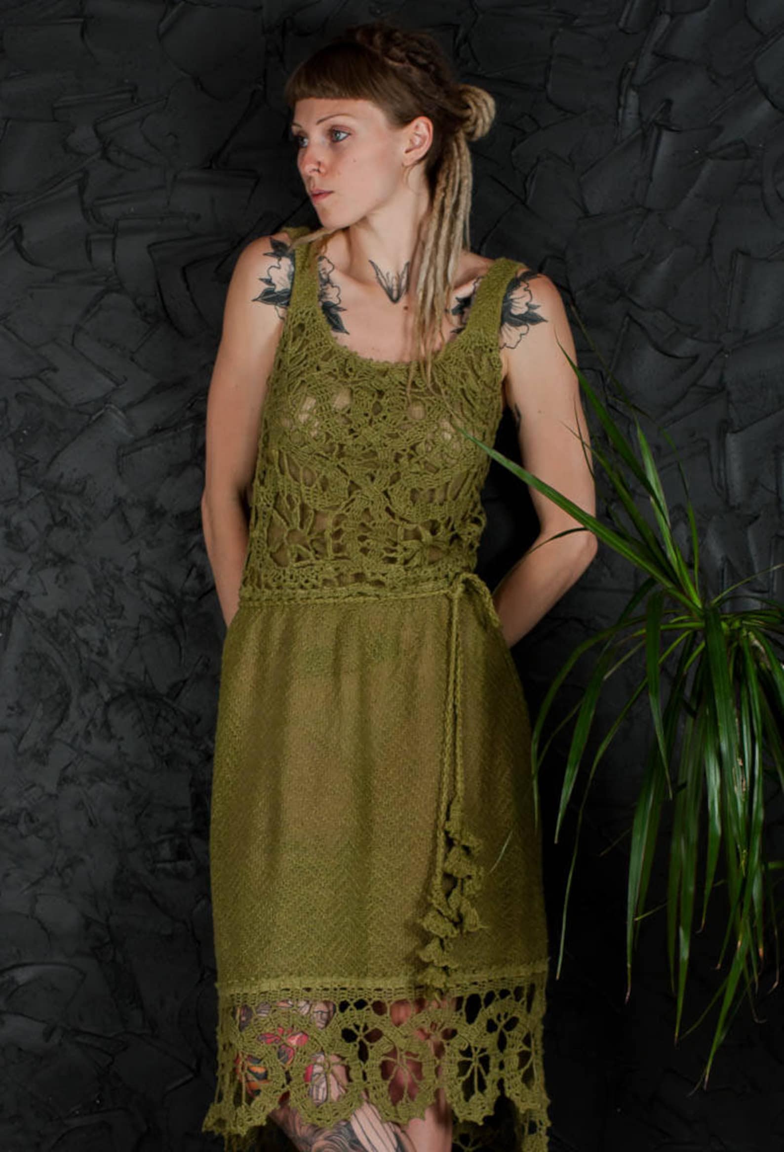 Crochet Green Dress Prom Linen Midi Sundress Handmade Lacy Dress ...