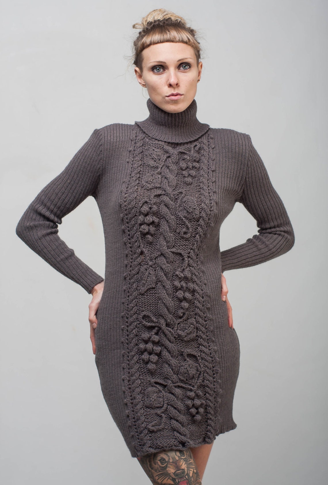 Cable Knit Grey Dress Sheath Gray Dress Handmade Winter Dress - Etsy