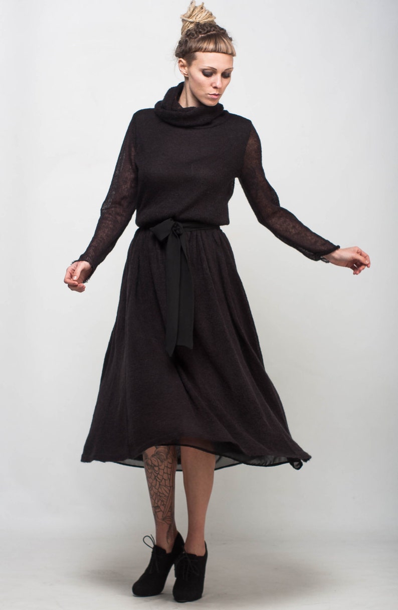 Midi Black Dress Turtleneck Office Dress Long Sleeve Crochet Black ...