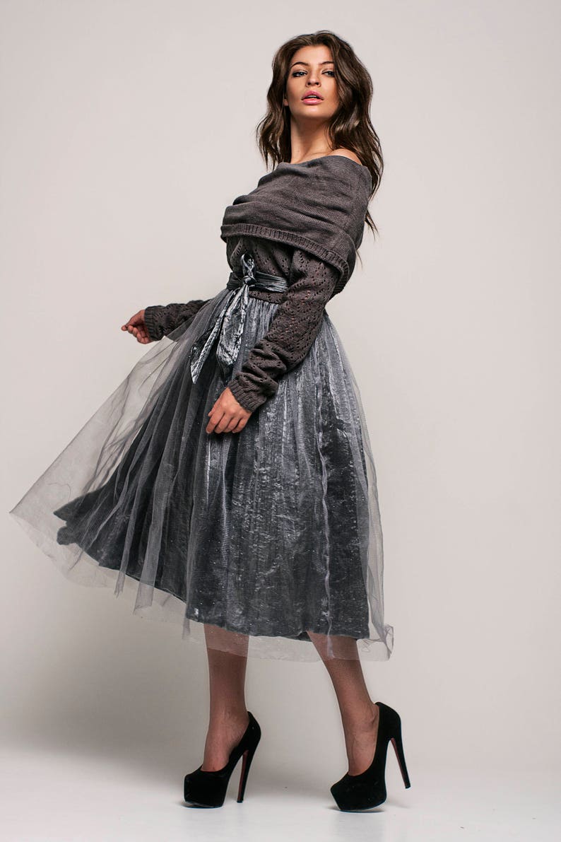 Off Shoulder Tulle Tutu Gray Dress Midi Bridesmaid Dress Mother of the ...