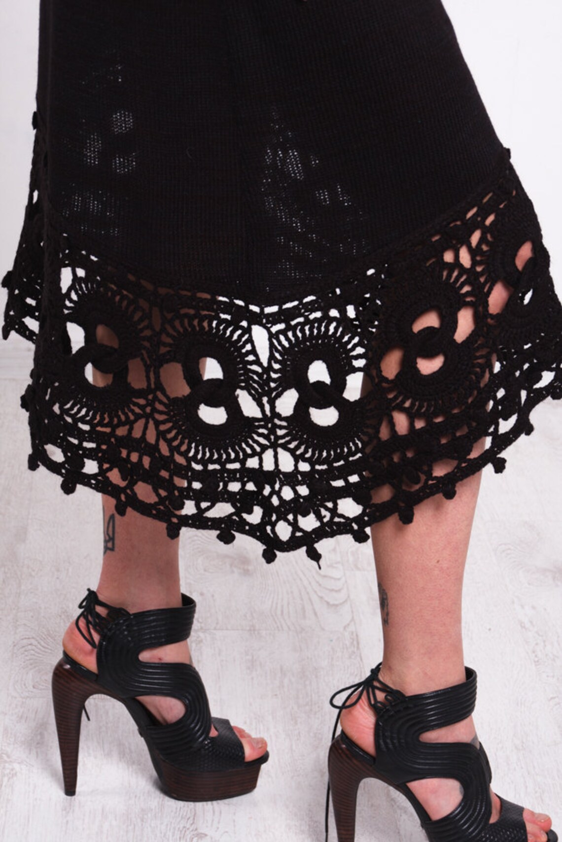 CROCHET Black Dress Asymmetric Black Dress Midi Lace Dress Crochet ...