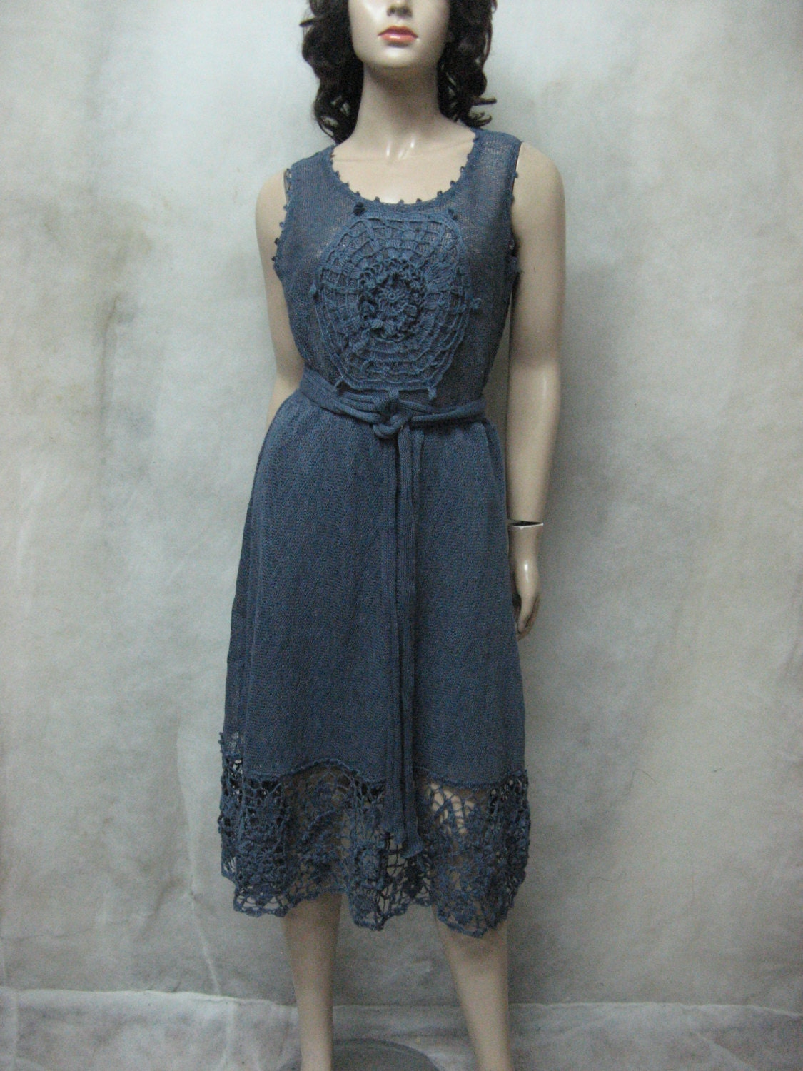 Bohemian Blue Crochet Dress ,CROCHETED Linen Tunic, Blue KNITTED ...