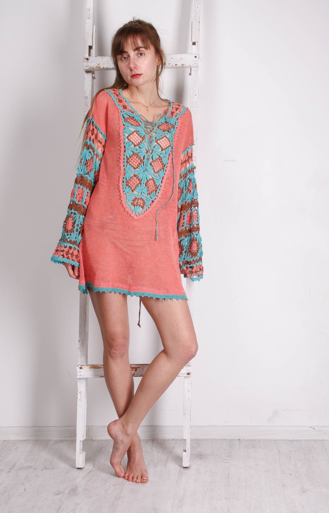 Crocheted Ethnic Tunic, KNITTED Coral Tunic, CROCHETED Women Tunic ...