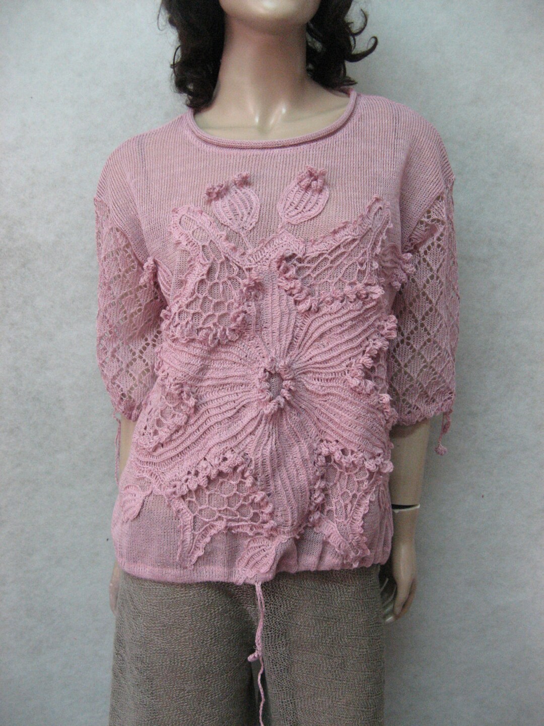 CROCHETED Pink Sweater, Knitted Ash -pink Sweater, Knitted Linen Tunic ...