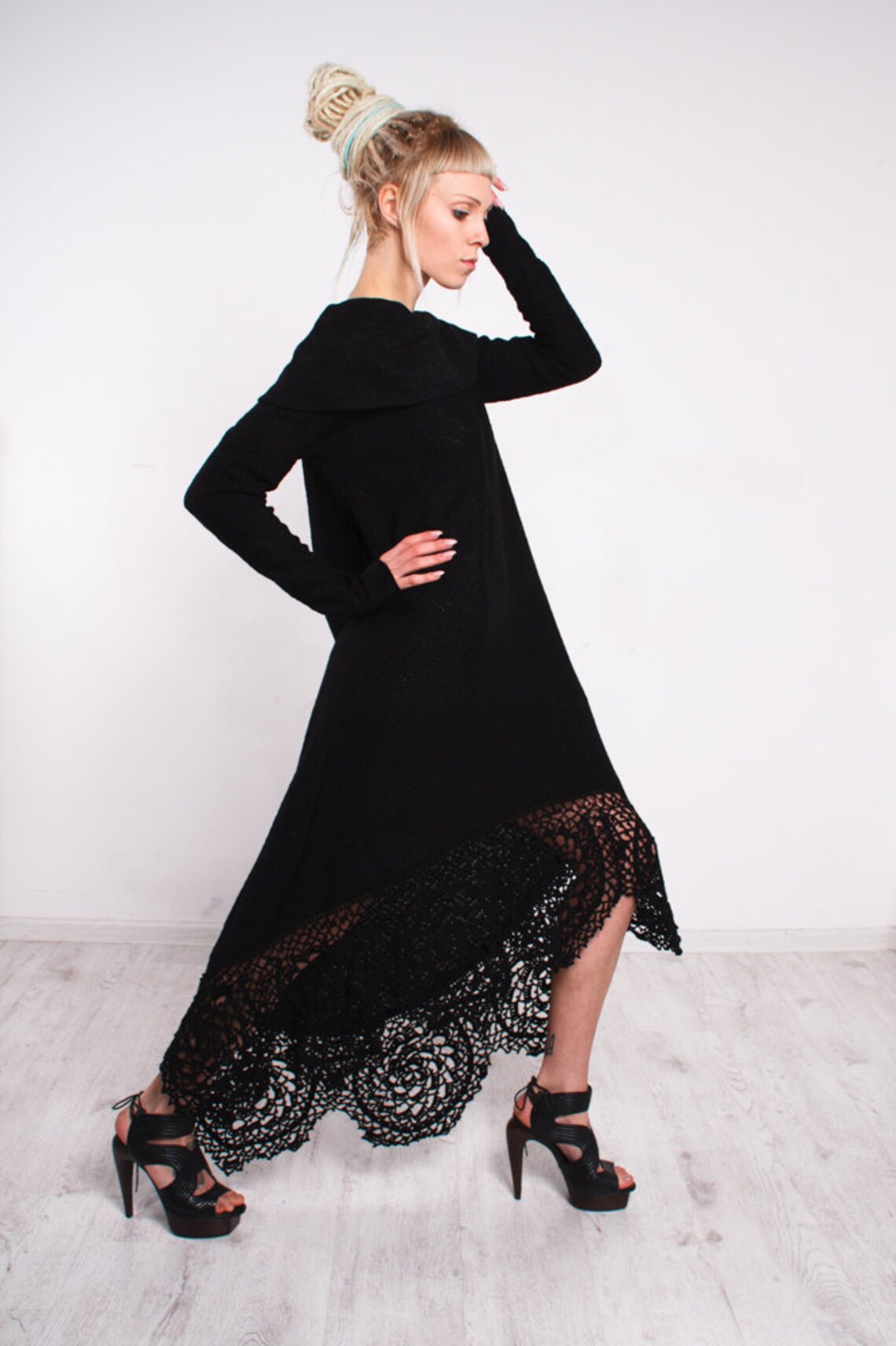 CROCHET Black Dress Asymmetric Black Dress Maxi Lace Dress Crochet ...