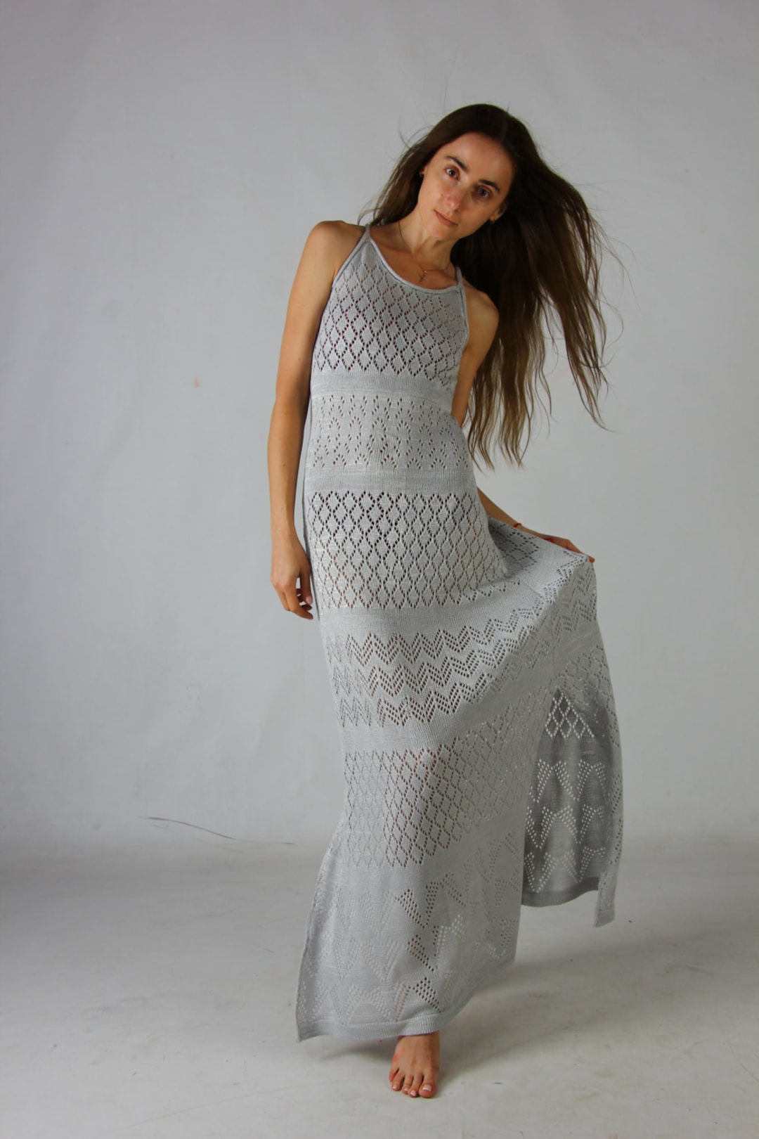 Crochet Dress Crochet Maxi Dress Maxi Dress Crochet Grey Lacy Sundress Handmade Viscose Dress