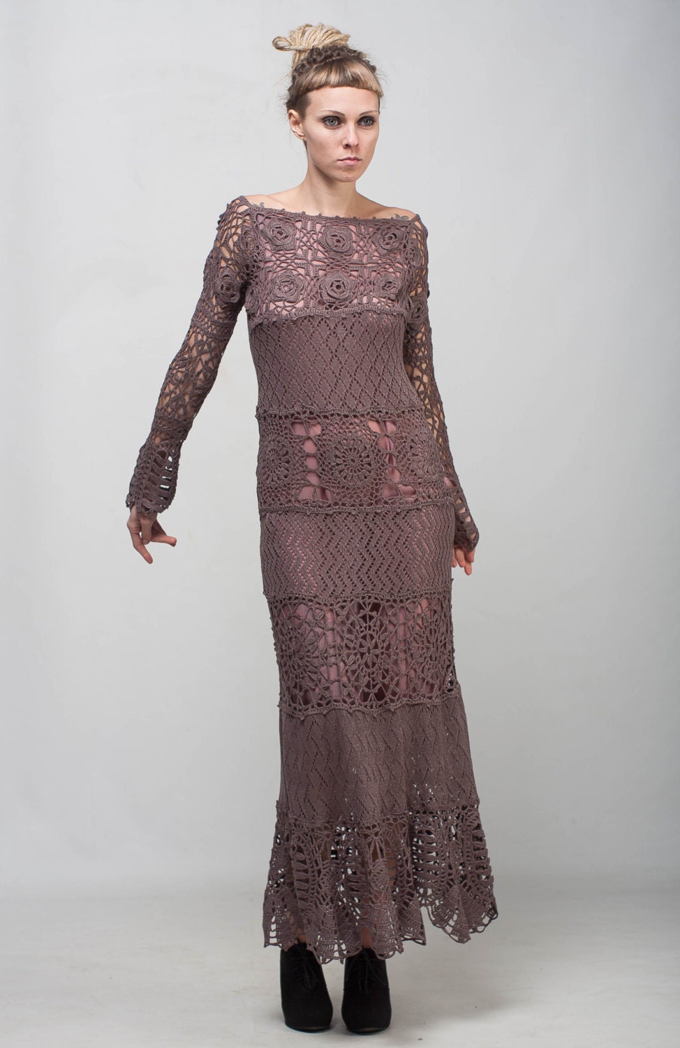 Formal Crochet Dress Mocha Lace Dress Maxi Long Sleeve Dress Crochet ...