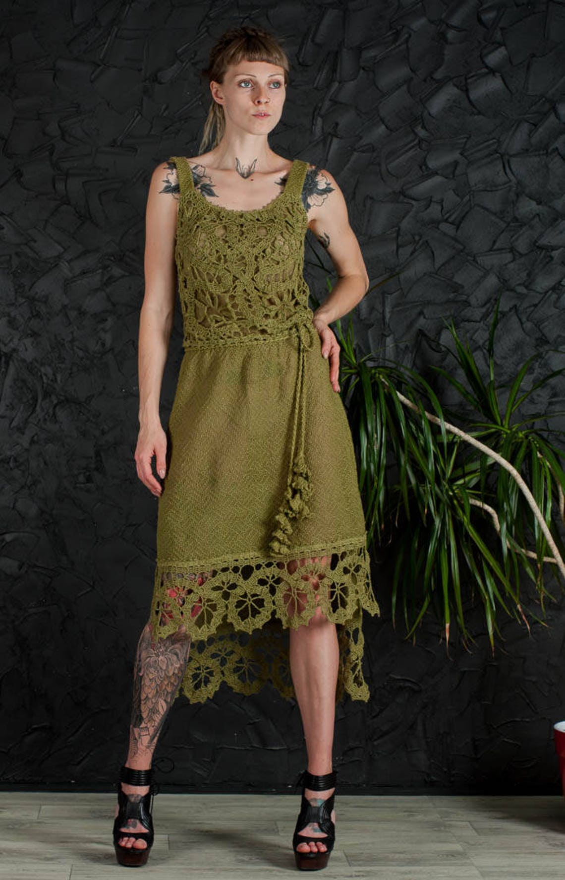 Crochet Green Dress Prom Linen Midi Sundress Handmade Lacy Dress ...