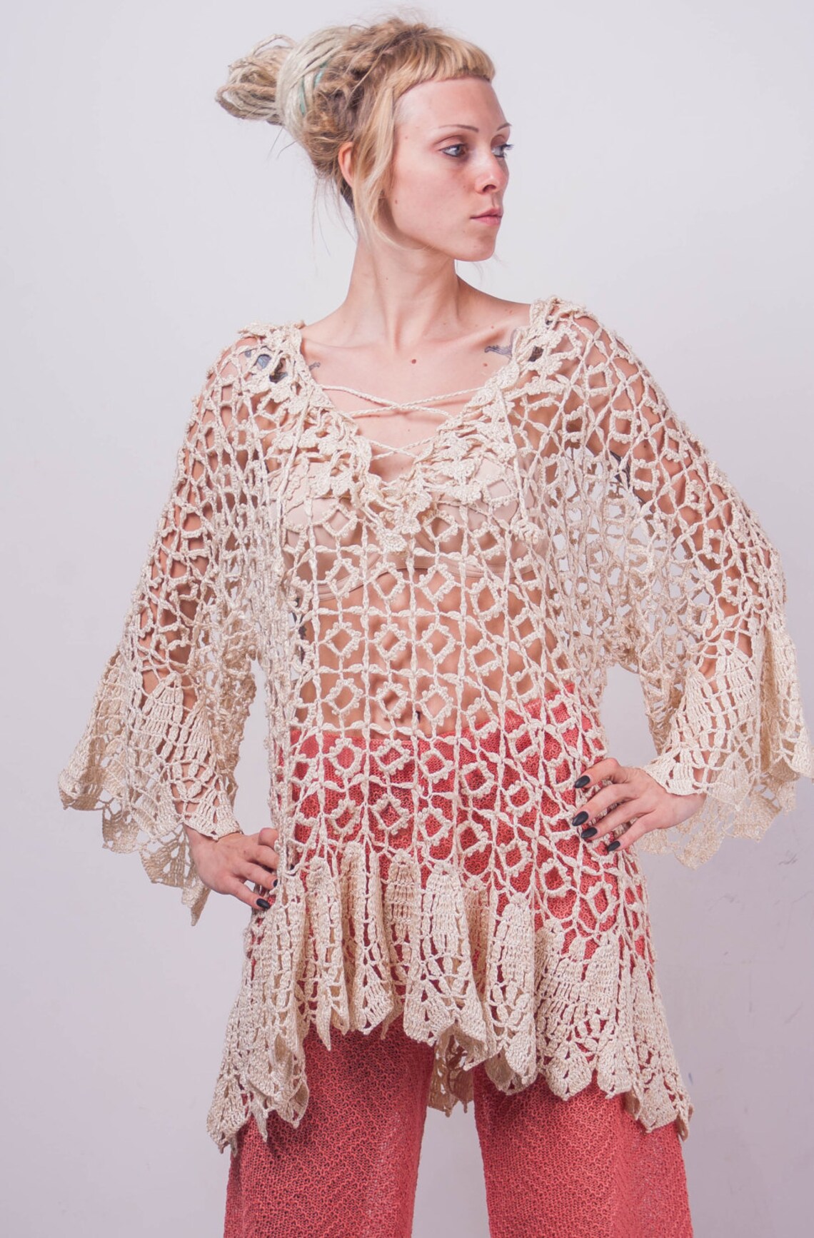 Crocheted Ethnic Tunic KNITTED Ecru Linen Tunic CROCHET Loose Tunic ...