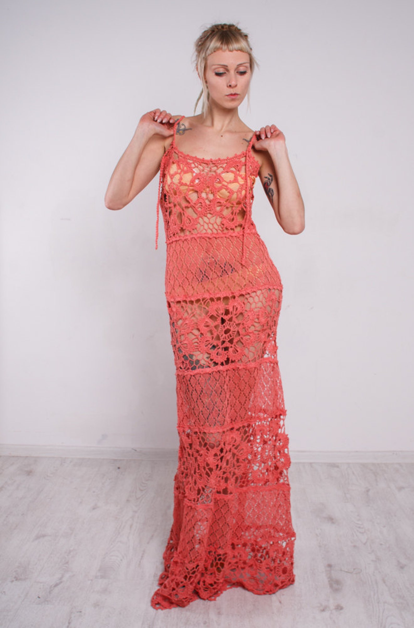 Crochet Dress Crochet Maxi Sundress Coral Crochet Lacy Sundress ...