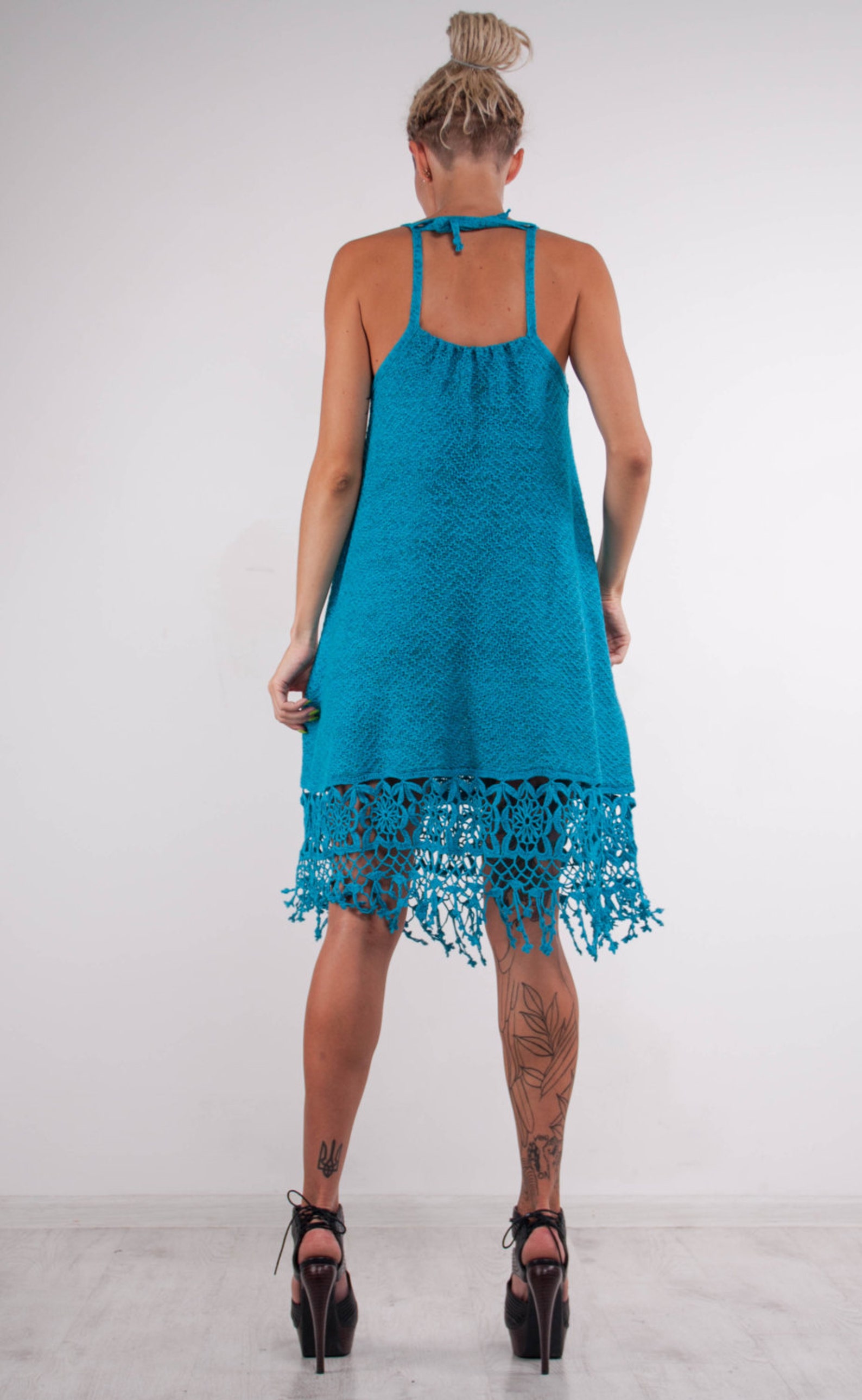 Crochet Turquoise Dress KNIT Mini Dress Lace Viscose Sundress Crochet ...