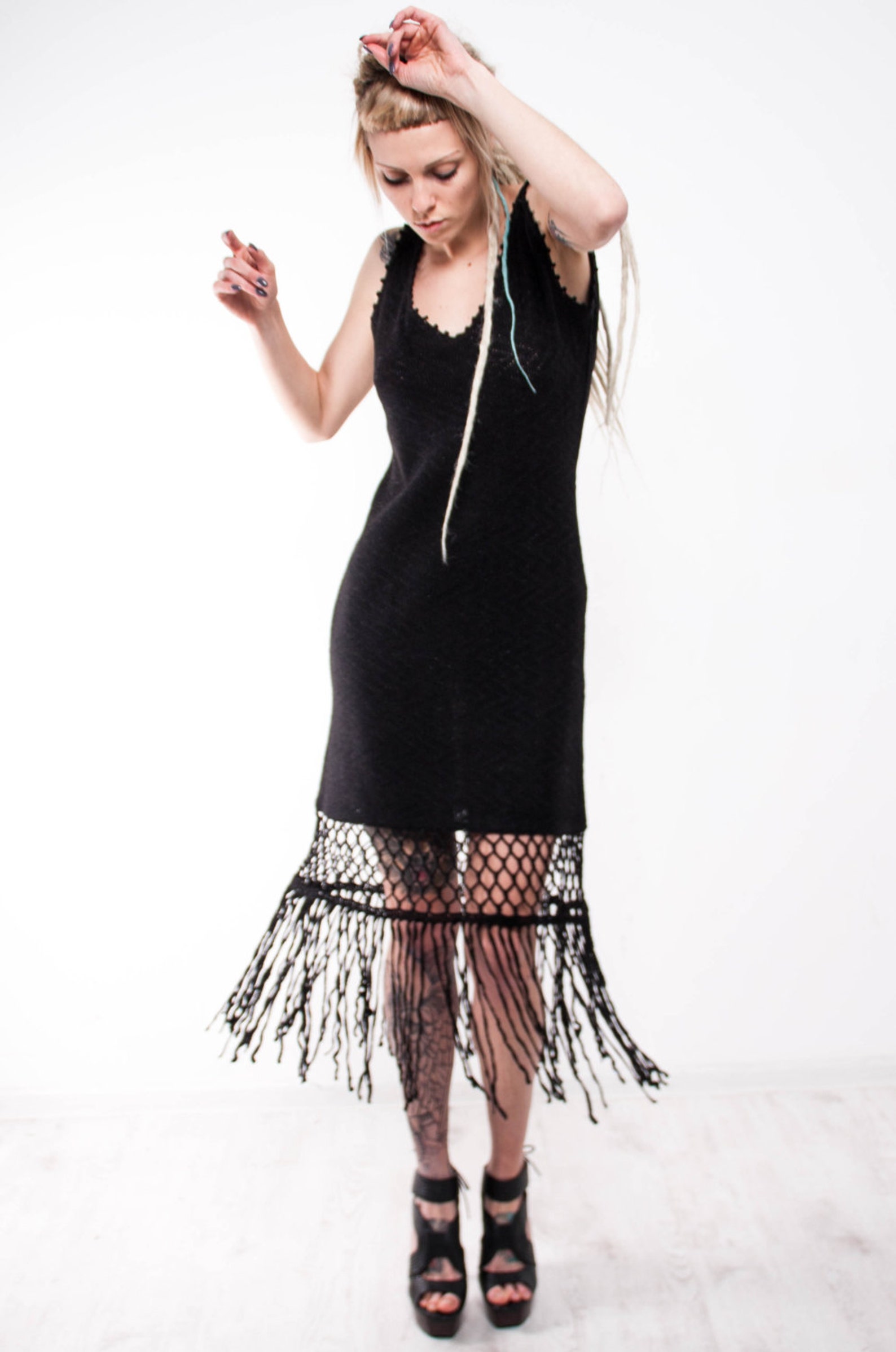 Crochet Dress Black Crochet Dress Small Black Dress Mini Lacy Fringe ...