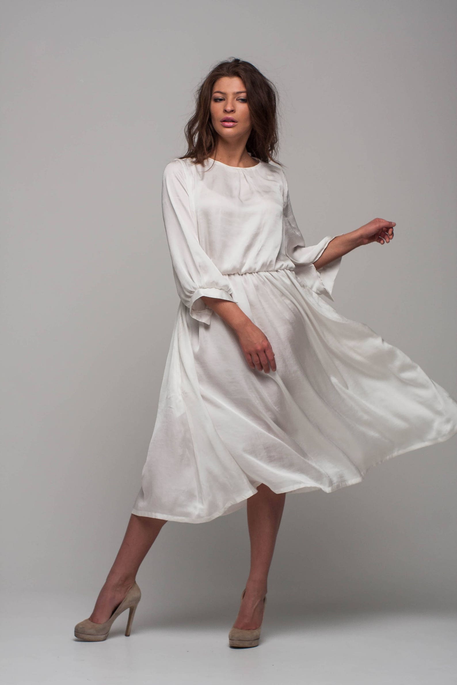White Bridal Dress Silk Loose Dress Bridesmaid Midi Dress Evening 3