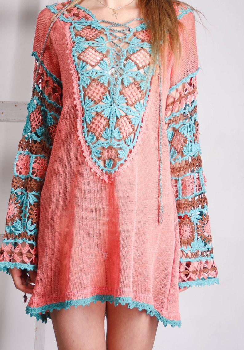 Crocheted Ethnic Tunic, KNITTED Coral Tunic, CROCHETED Women Tunic ...