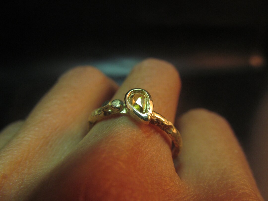 Engagement Ring. 14K Yellow Gold Ring With 0.35ct Drop Shaped Green ...