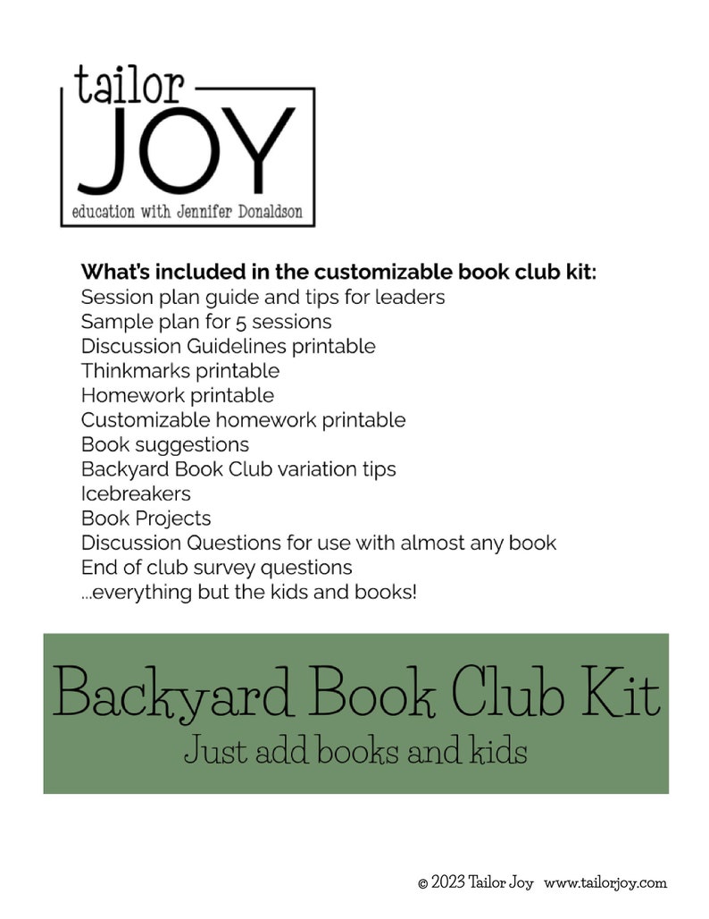 Backyard Kids Book Club Kit Printable Instant Download Discussion ...