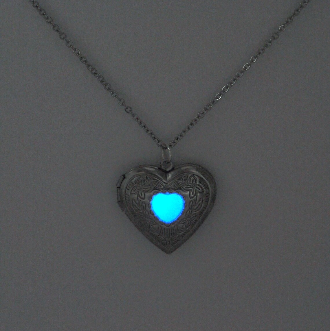 Edwardian Inspired Blue Glow Locket - Glowing Heart Pendant - Glow in ...