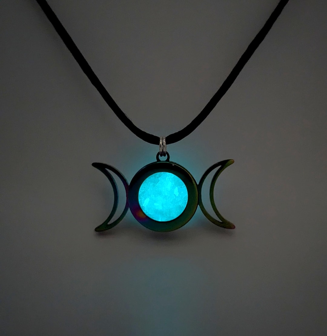Rainbow Triple Goddess Necklace - Aqua Glow in the Dark Moon - Neopagan ...