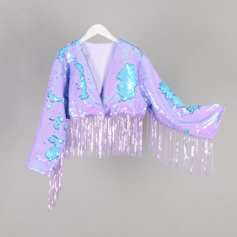 Purple Flip Sequin Top: Tassels Sequins Rave Festival Cropped Jacket - Etsy
