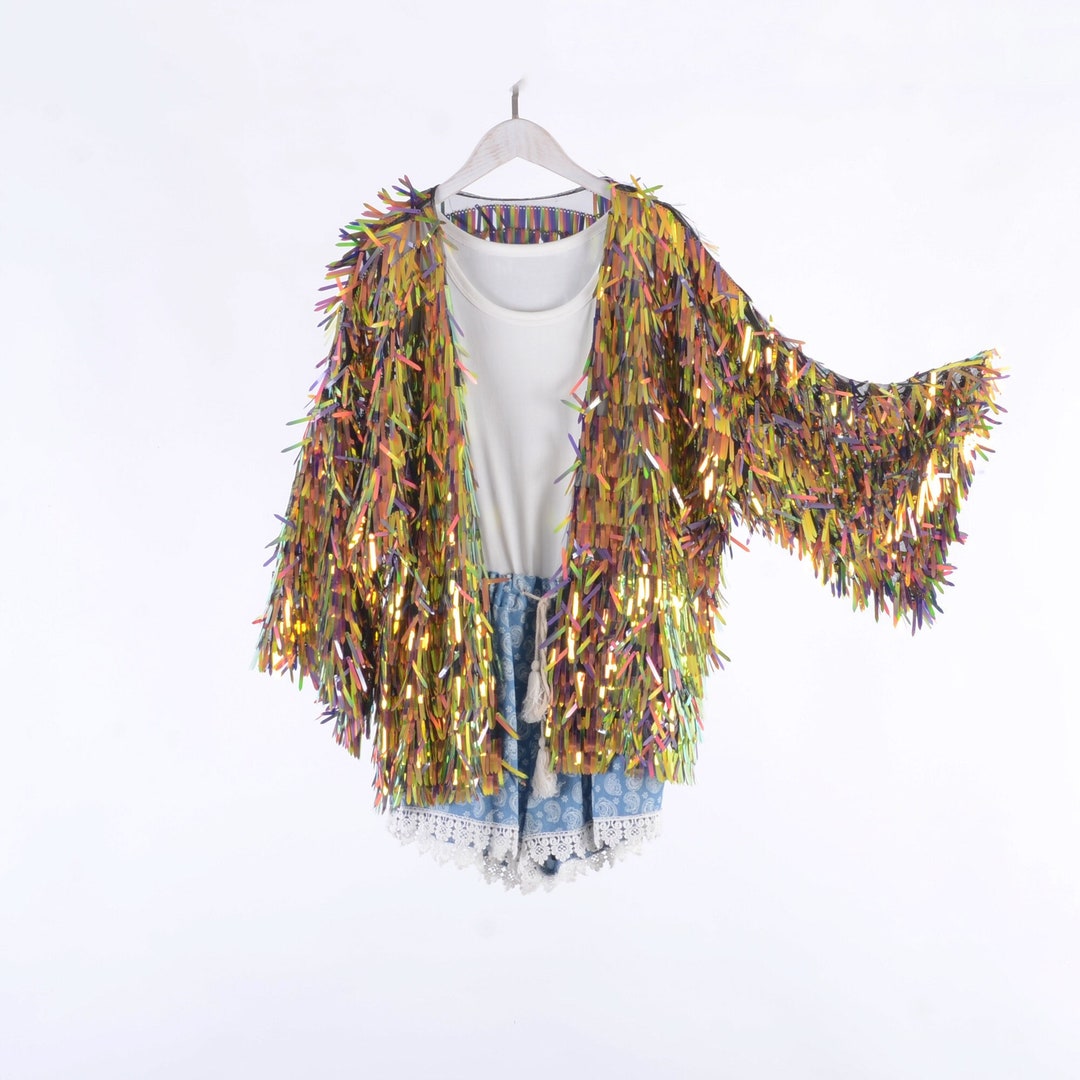 Holographic Yellow Sequins Kimono,mid Length,festival Kimono,sequin ...