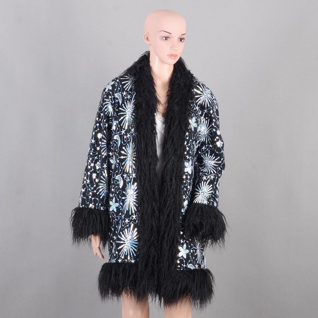 Starry Sequins Faux Fur Coat: Unisex Rave Festival Clothing - Etsy
