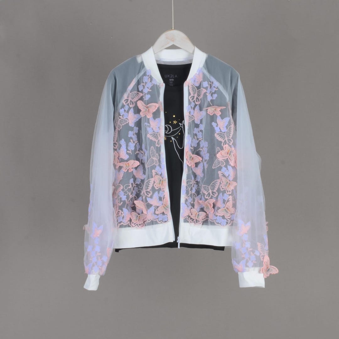 Pink Butterfly Bomber Jacket,tulle Jacket, Bridal Sheer Jacket, See ...