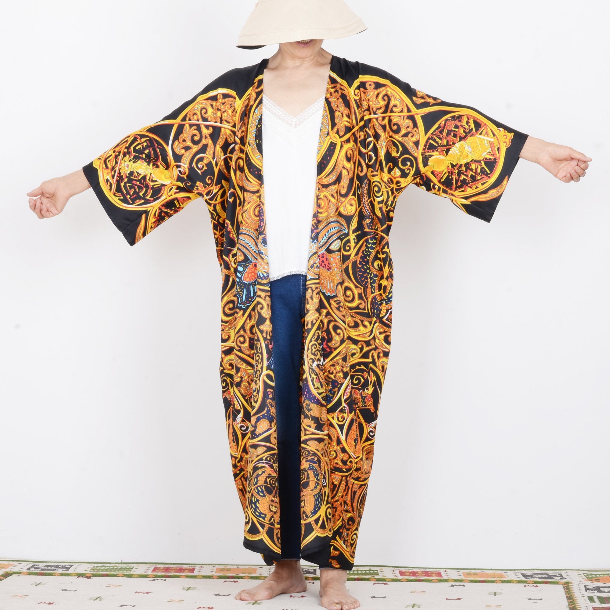 Black with yellow kimono kimono with sleevesummer cover | Etsy